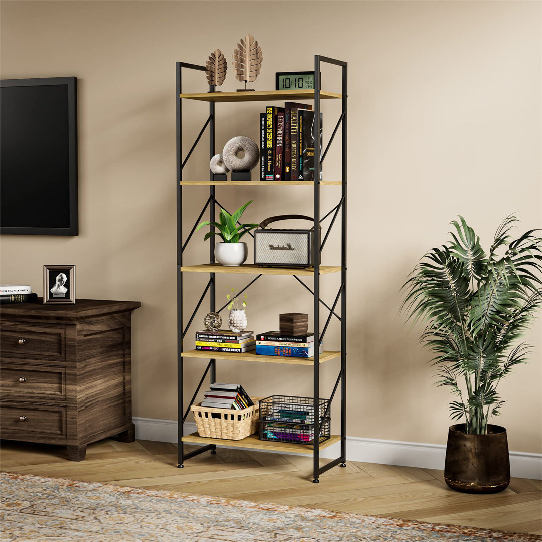 Bookcase 5 Tiers, Floor Standing Book Shelf, Wooden Shelf And Metal ...