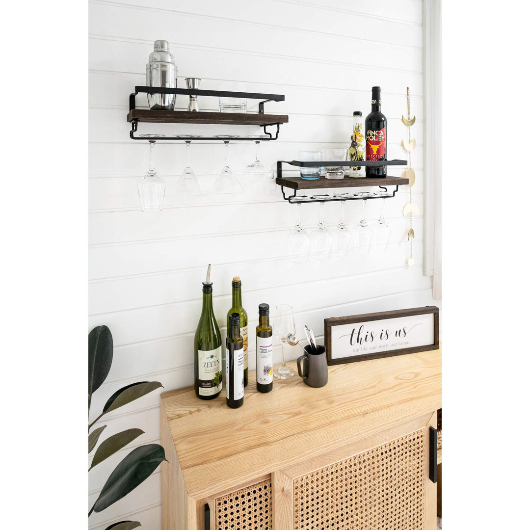 Wall Mounted Wine Rack Set Of 2 Wood Shelf Rustic Bottle Glass Floating ...