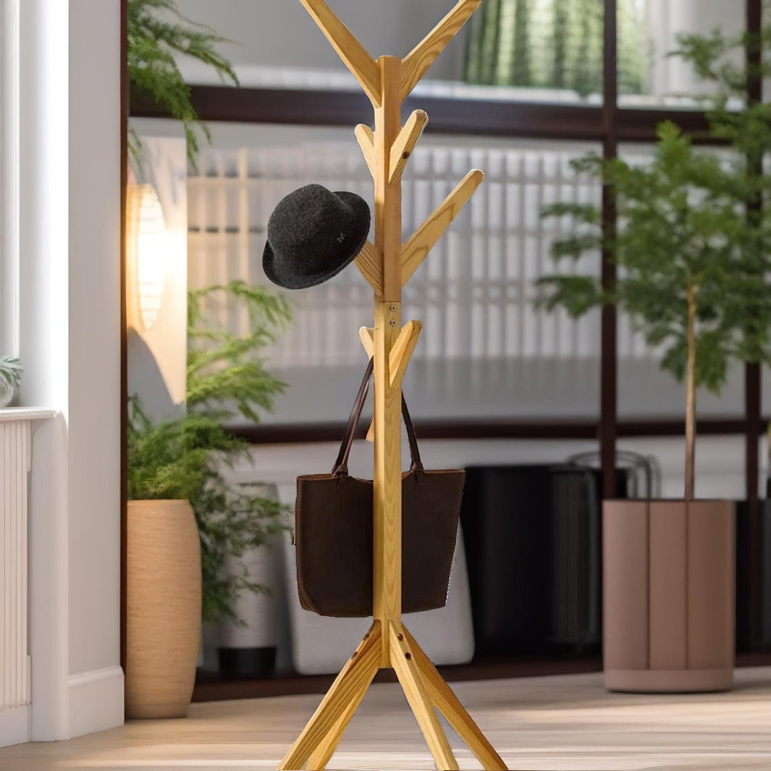 Solid Wooden Freestanding Coat Rack Hat Stand with 8 Hooks Entryway ...