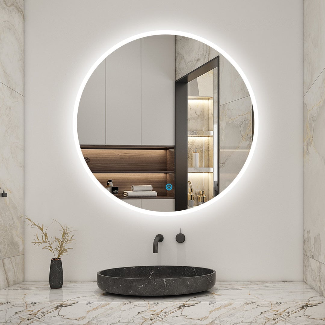 Round LED Bathroom Mirror,3 LED Lights,Adjustable Light Brightness ...