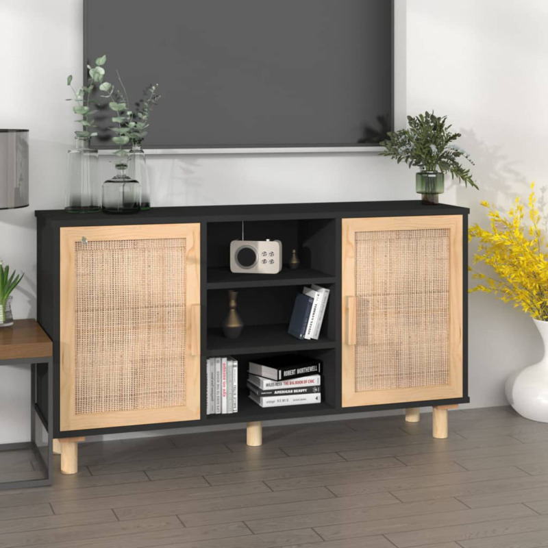 Brown Solid Wood Pine And Natural Rattan Sideboard - 105X30x60 Cm ...