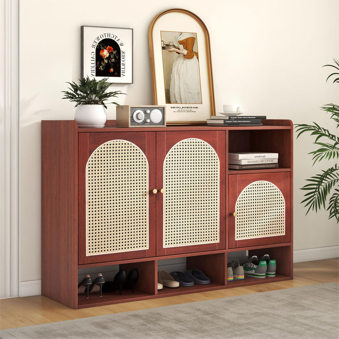 Rattan Sideboard With 3 Arched Rattan Doors And 4 Open Storage ...