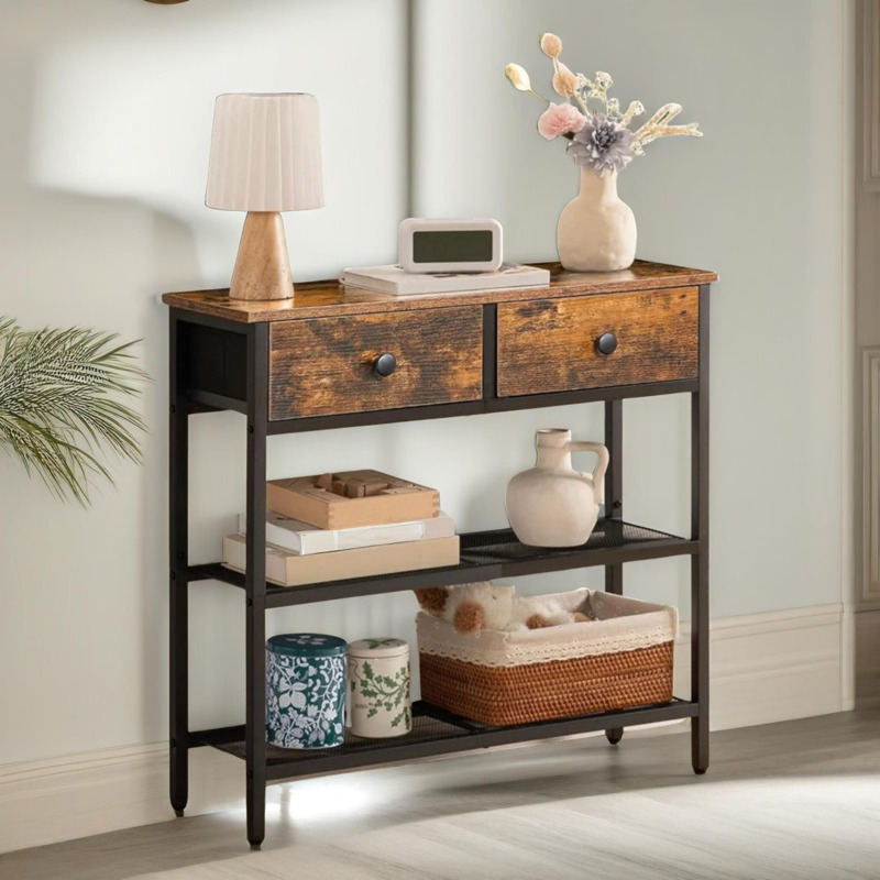 75cm 3 Tier Rustic Console Table with Storage Drawers Entryway Hallway ...