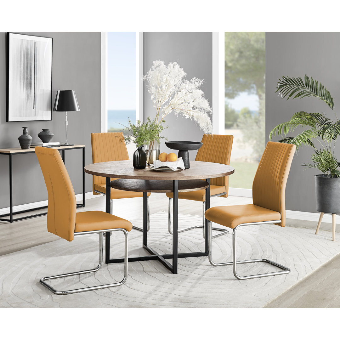 Adler Round Dining Table Set with Shelf & 4 Upholstered Faux Leather ...