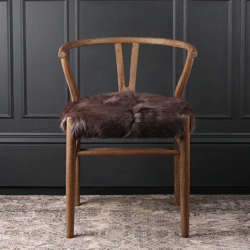 Handmade Wishbone Inspired Dining Chair - Brown Fur Seat - Medium Oak ...