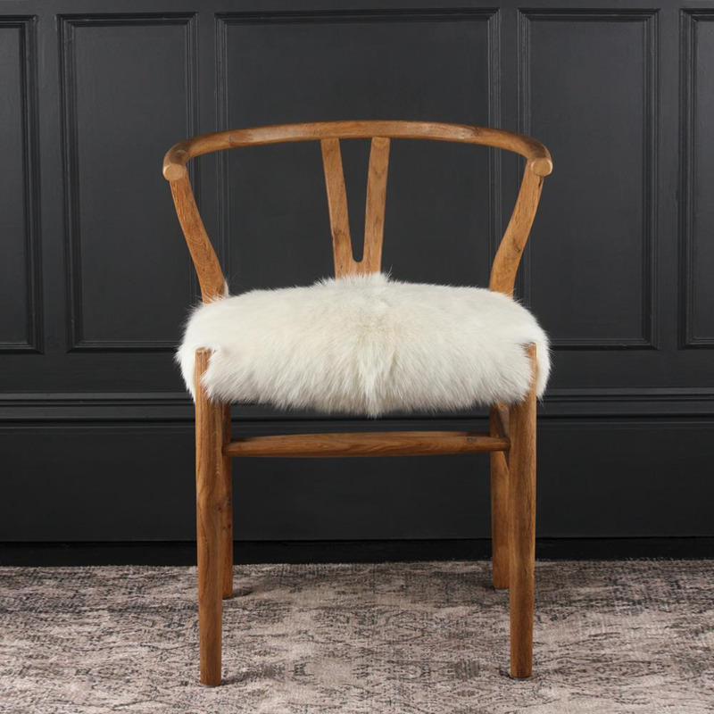Handmade Wishbone Inspired Dining Chair - White Fur Seat - Light Oak ...