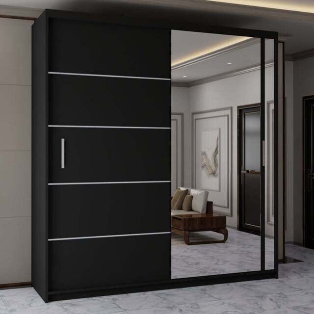 Sliding Wardrobes 4U 2 Sliding Door Black Modern Single Side Mirrored ...