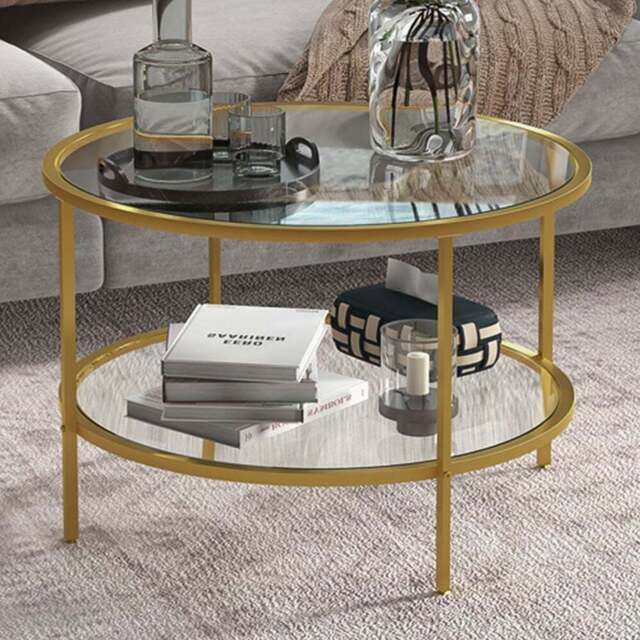 HOMCOM Gold Tempered Glass Top Round Coffee Table with Storage Shelf by ...
