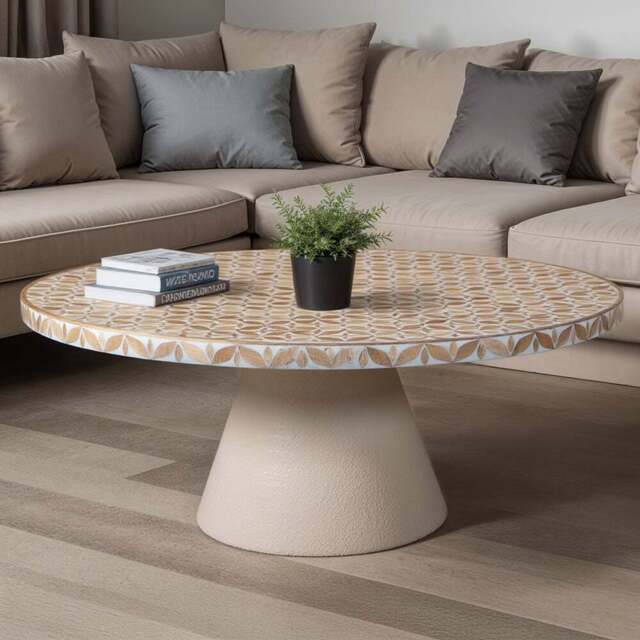 IH Design Acacia Wood Inlay Floral Round Low Coffee Table by wilko ...