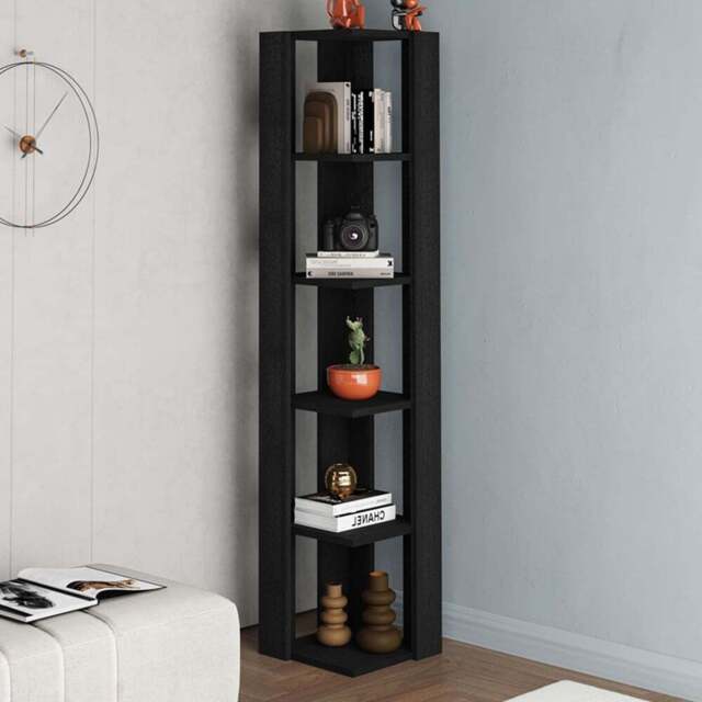 Decortie Nati Black Wood 5 Tier Tall Corner Bookcase Display Unit by ...