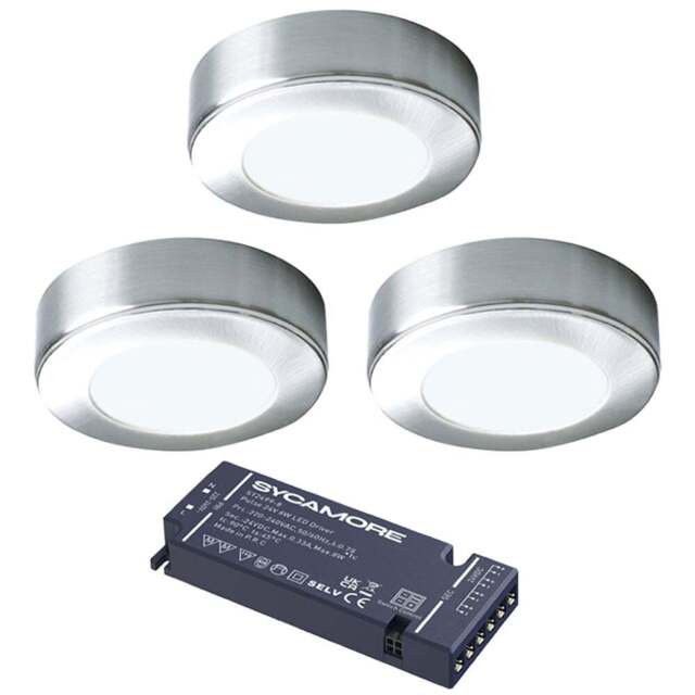 Sorrelis Oberon Aluminium Round Cool White 3 Cabinet Light Kit by Wilko ...