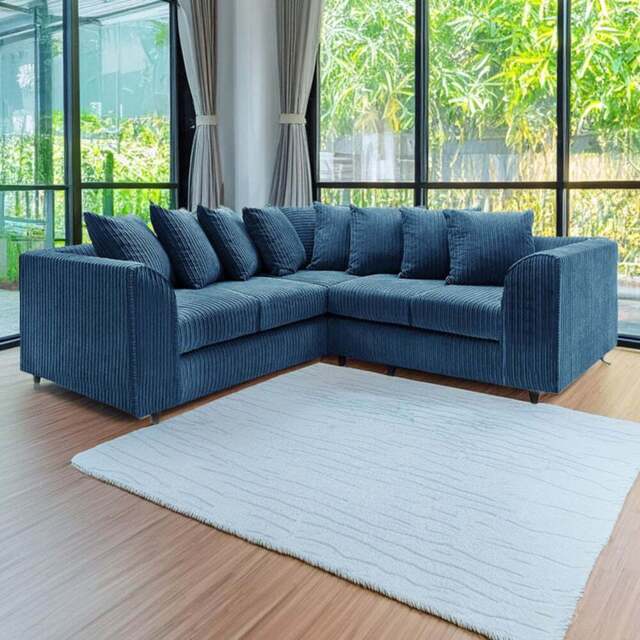 Luxor 5 Seater Marine Blue Jumbo Cord Scatter Back L Shaped Corner Sofa ...