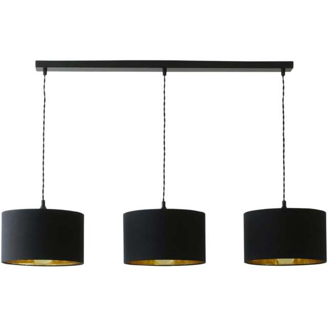 ValueLights Reni Black and Gold Drum Shade 3 Drop Bar Black Diner LED ...
