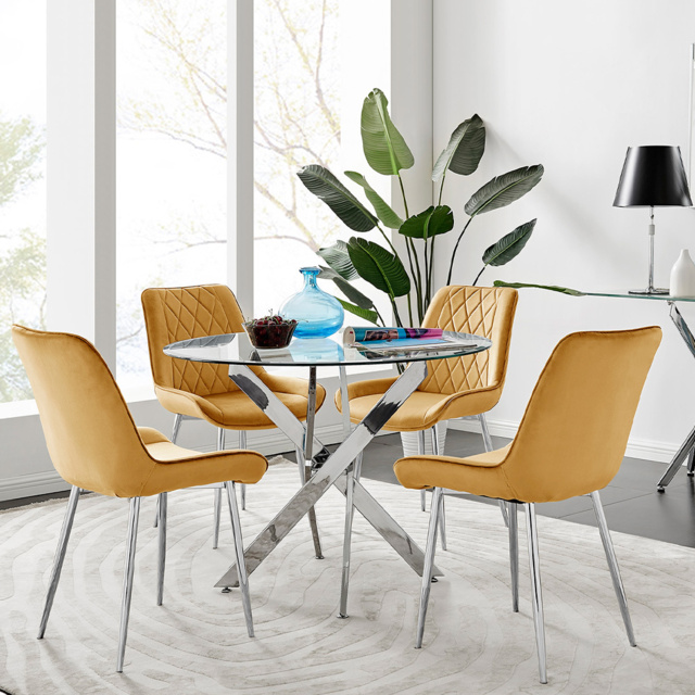 Furniturebox Arona 4 Seater Round Dining Set Mustard Yellow and Chrome ...