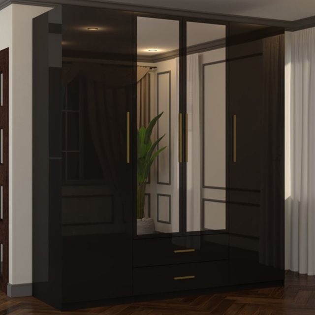 Sliding Wardrobes 4U 4 Door 2 Drawer Black High Gloss Gold Handle ...