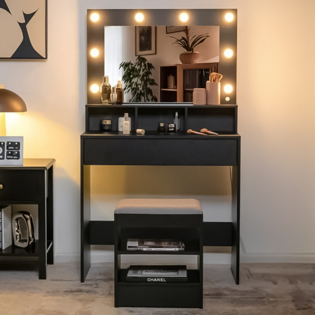 Costway Single Drawer 3 Shelf Black Dressing Table Set with LED Mirror ...