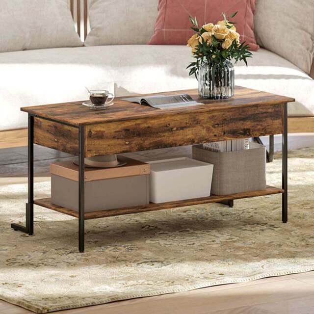 HOMCOM Rustic Brown Industrial Lift Top Coffee Table with Storage by ...