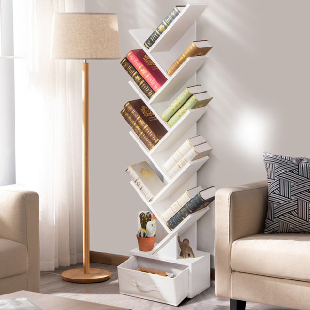 Costway Single Drawer 10 Shelf White Tree Bookshelf by wilko | ufurnish.com