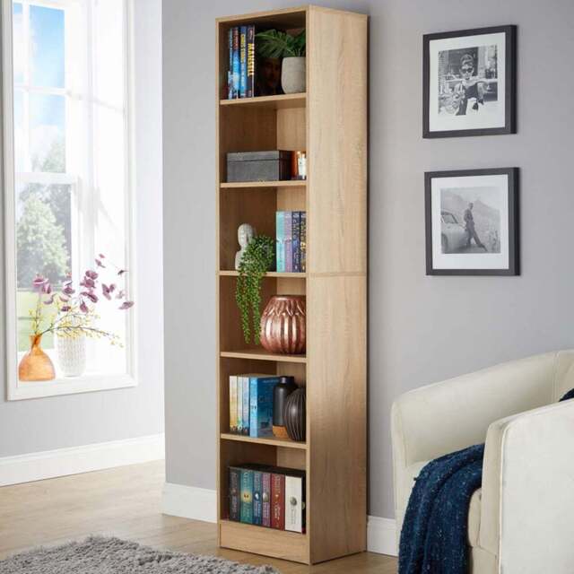 Home Source Clara 6 Shelf Oak Narrow Bookcase by Wilko | ufurnish.com