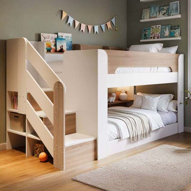 Flair Zeno White and Oak Low Bunk Bed with Staircase and Storage by ...